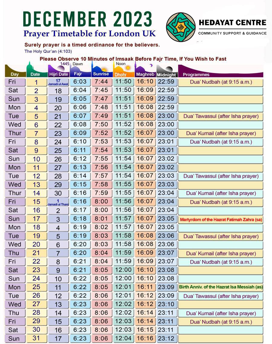 Prayer Time - Hedayat Centre